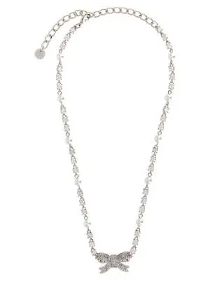 SELF-PORTRAIT Crystal Pearl Bow' Necklace - Silver