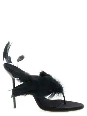 Paris Texas Lidia Feather Thong Mules - Black