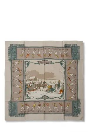 Hermès Multicolor 'les Plaisirs Du Froid' Silk Scarf 90 - Beige