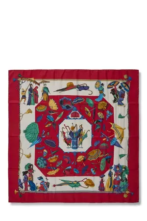 Hermès Multicolor 'ombrelles Et Parapluies' Silk Scarf 90 - Red