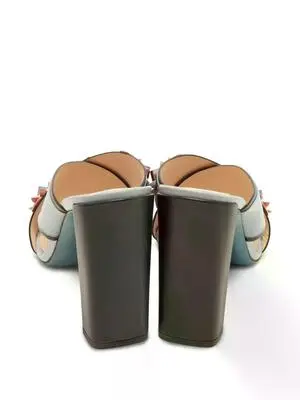 Fendi Leather Floral Embellished Crossover Block Heel Sandals