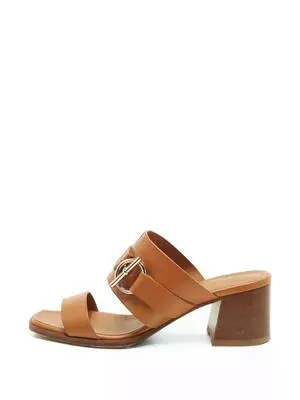 Hermès Buckle Detail Leather Block Heel Sandals - Brown