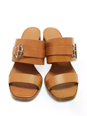 Hermès Buckle Detail Leather Block Heel Sandals - Brown