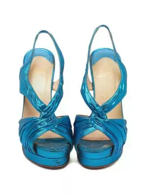 CHRISTIAN LOUBOUTIN Fortuna Metallic Ruched Slingback Platform High Stiletto Sandals - Blue