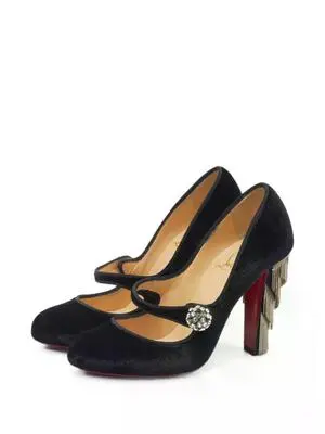 CHRISTIAN LOUBOUTIN Velvet Mary Jane Pumps With Crystal Embellishment And Tiered Metallic Fringe