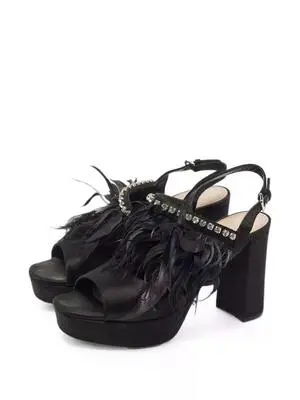 Miu Miu Feather Crystal Embellished Platform High Block Heel Sandals