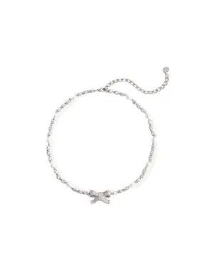 SELF-PORTRAIT Crystal Pearl Bow Necklace - Silver