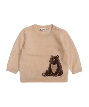 Bonpoint Crew Neck Long Sleeve Knit Top With Bear Applique