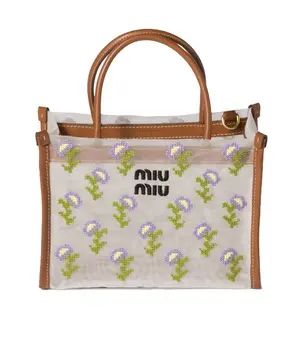 Miu Miu Embroidered Mesh Top-handle Bag - Cognac