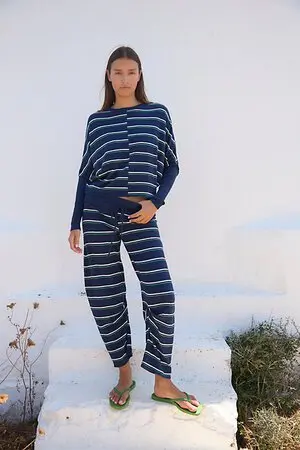 Free People Striped Cotton-linen Knit Sweater Set - Navy Combo