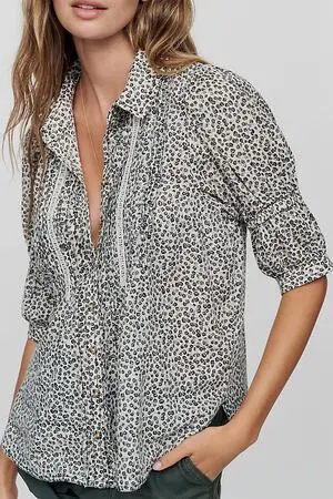 PILCRO Tallulah 100% Cotton Double Puff Sleeve Blouse - Black Pattern