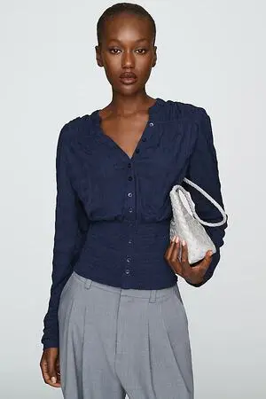 Maeve Shirred Long-sleeve Top - Navy