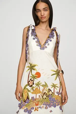 ALEMAIS Island Cove Linen Maxi Dress With Tropical Print