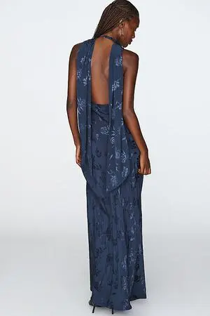 Anthropologie Jacquard Halter Midi Dress - Navy