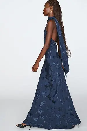 Anthropologie Jacquard Halter Midi Dress - Navy