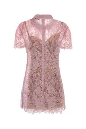 SELF-PORTRAIT Pink Lace Button Down Mini Dress