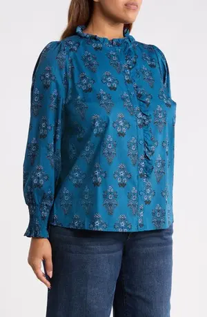 SUGARLIPS Minny Floral Frill Cotton Button-up Shirt