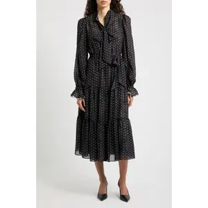Kobi Halperin Erin Tie Waist Long Sleeve Midi Dress - Black Multi