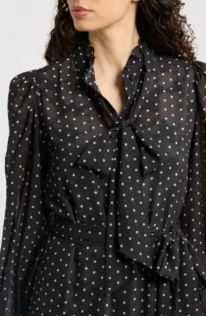 Kobi Halperin Polka Dot Tie Neck Midi Dress