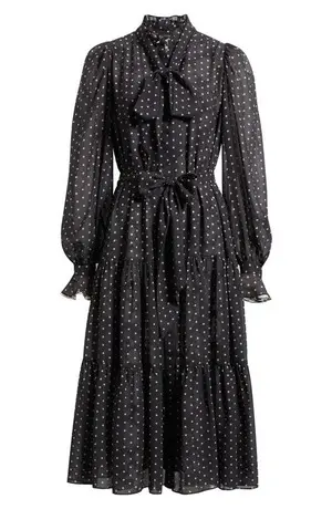 Kobi Halperin Polka Dot Tie Neck Midi Dress