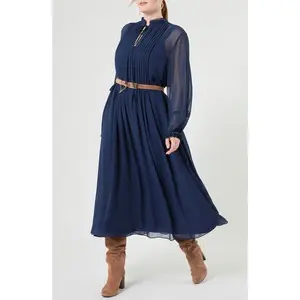 Marina Rinaldi Long Sleeve Pintuck Pleat Silk Georgette Dress