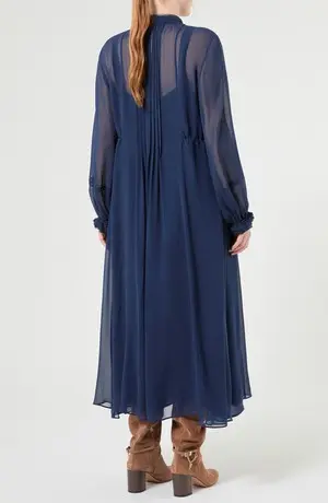 Marina Rinaldi Long Sleeve Pintuck Pleat Silk Georgette Dress
