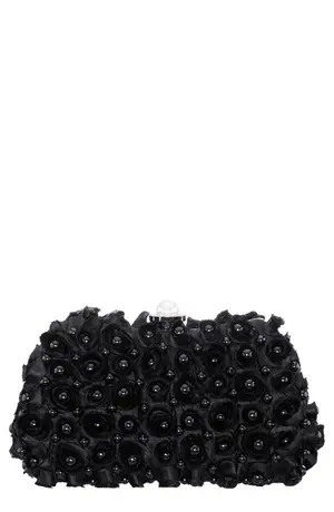 Nina Paloma Rosette Imitation Pearl Frame Clutch - Black