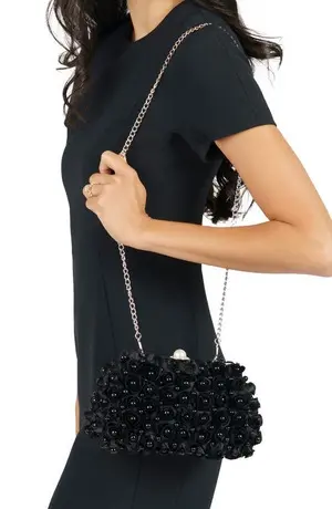 Nina Paloma Rosette Imitation Pearl Frame Clutch - Black