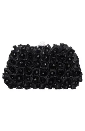 Nina Paloma Rosette Imitation Pearl Frame Clutch - Black