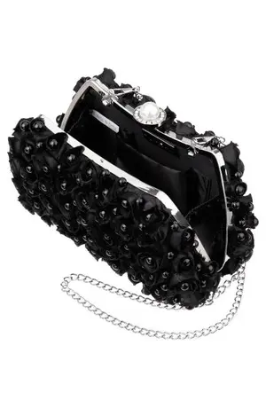 Nina Paloma Rosette Imitation Pearl Frame Clutch - Black