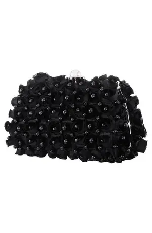 Nina Paloma Rosette Imitation Pearl Frame Clutch - Black