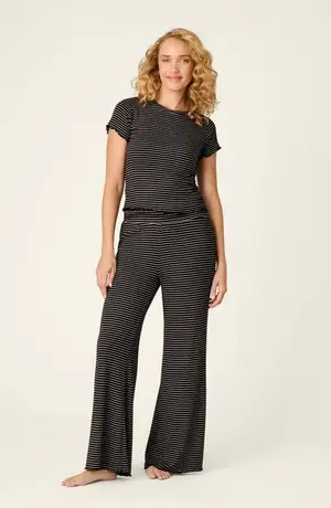 PJ Salvage Striped Lounge Pants With Smocked Waist And Lettuce-edge Hems - Onyx