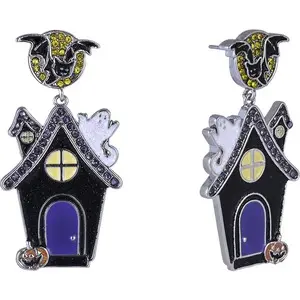 HALLMARK Haunted House Halloween Dangle Earrings With Ghost And Bat Motifs - Purple