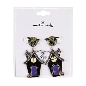 HALLMARK Haunted House Halloween Dangle Earrings With Ghost And Bat Motifs