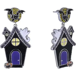 HALLMARK Haunted House Halloween Dangle Earrings With Ghost And Bat Motifs - Purple