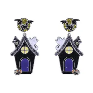HALLMARK Haunted House Halloween Dangle Earrings With Ghost And Bat Motifs