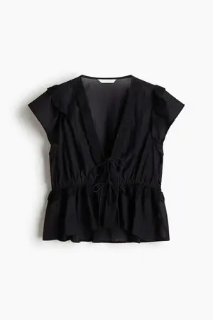 H&M Ruffled Embroidered V-neck Blouse - Black