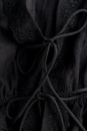 H&M Ruffled Embroidered V-neck Blouse - Black