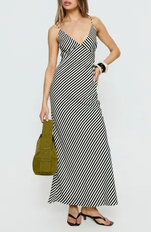 Princess Polly Lesondo V-neck Maxi Dress With Diagonal Stripes And Adjustable Straps