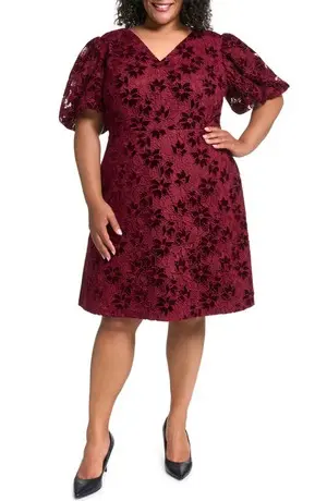 Eliza J A-line Lace & Velvet Dress With Puff Sleeves