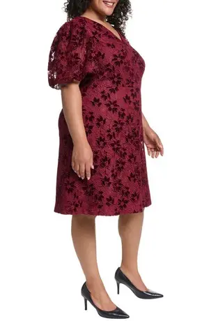 Eliza J A-line Lace & Velvet Dress With Puff Sleeves