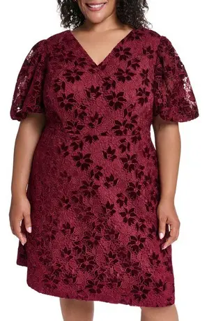 Eliza J A-line Lace & Velvet Dress With Puff Sleeves