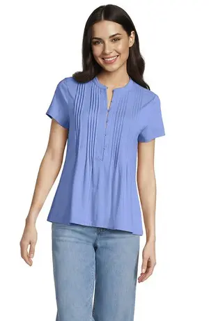 LANDS' END Tall Lightweight Jersey Button Pintuck Top Clear Blue Sky