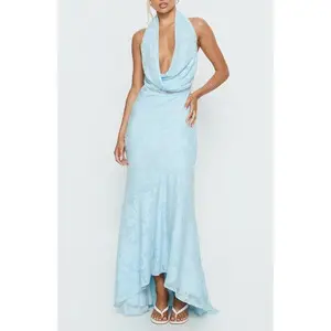 Princess Polly Halter Neck Cowl Plunge Textured Maxi Dress - Light Blue