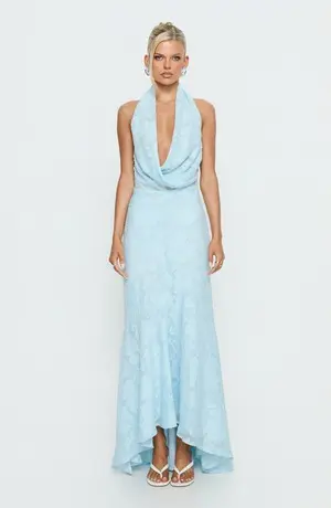 Princess Polly Halter Neck Cowl Plunge Textured Maxi Dress
