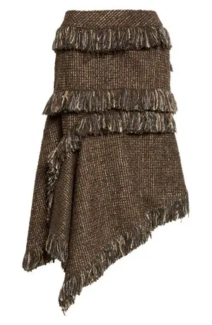 Sacai Fringe Asymmetric Wool Blend Tweed Skirt - Brown