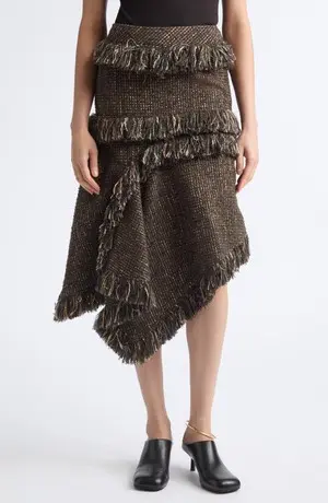 Sacai Fringe Asymmetric Wool Blend Tweed Skirt - Brown