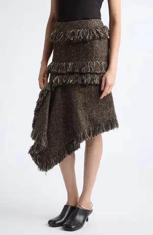 Sacai Fringe Asymmetric Wool Blend Tweed Skirt