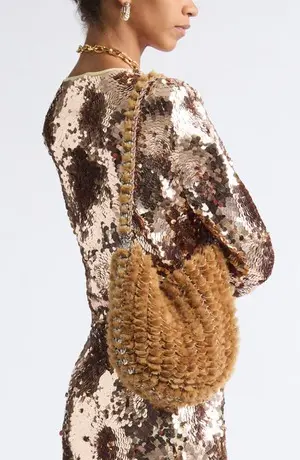 Rabanne Genuine Shearling Shoulder Bag - Dark Brown/silver