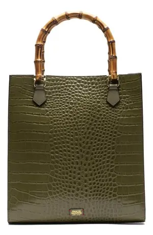 FRANCES VALENTINE Frances Valentine Croc Embossed Leather Tote With Bamboo Handles Olive